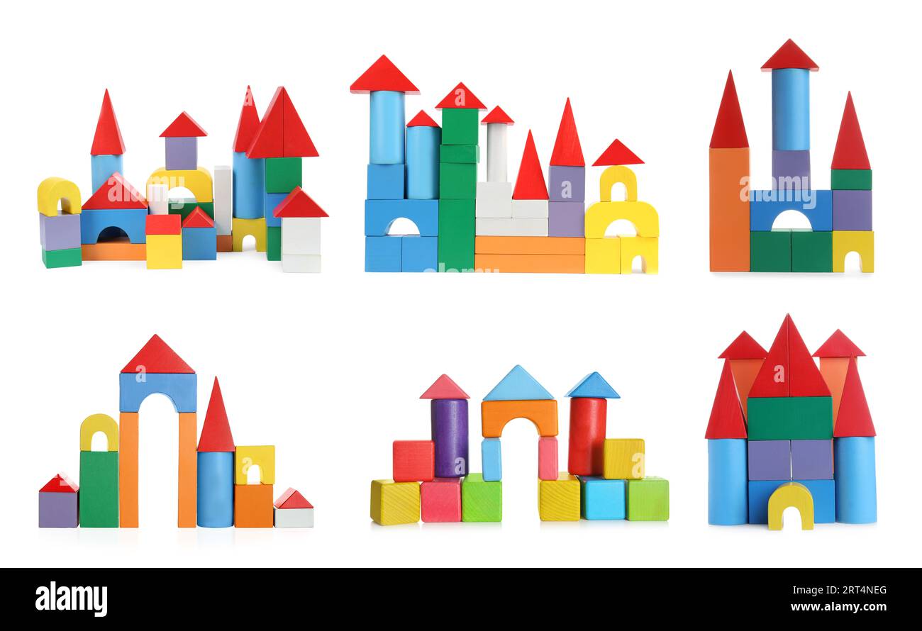 Set with different castles of building blocks isolated on white Stock ...
