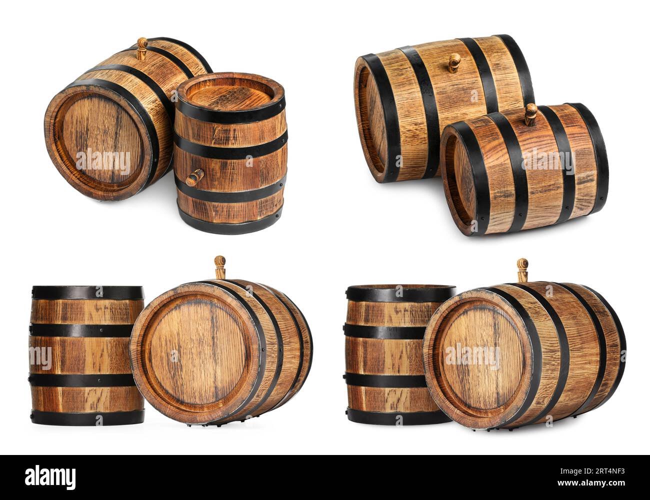Collage with wooden barrels on white background Stock Photo - Alamy
