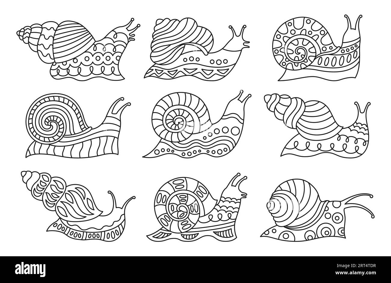 Snail child doodle linear set. Funny baby spiral snails mollusk with ...