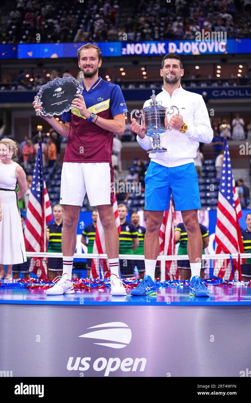 Daniil Medvedev and Novak Djokovic during the trophy presentation after ...
