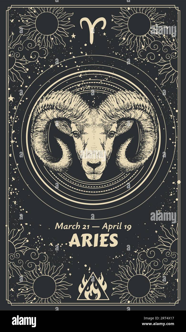 Zodiac sign Aries, modern vertical mystical astrological card on black ...