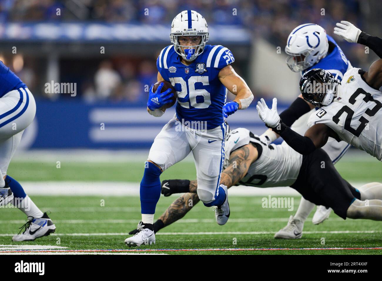 Indianapolis Colts running back Evan Hull (26) runs to the outside ...