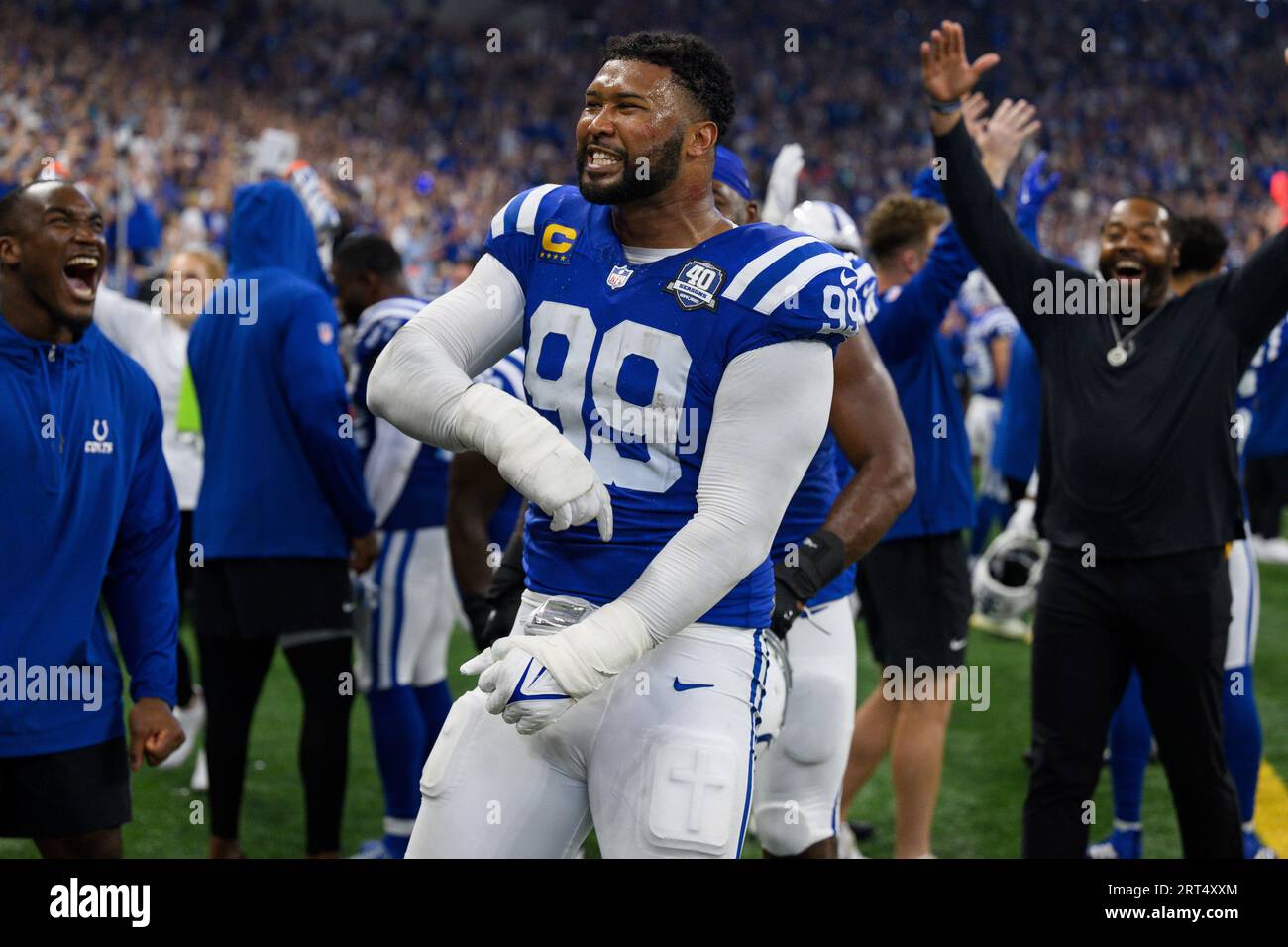 Indianapolis Colts defensive tackle DeForest Buckner (99) reacts to his ...