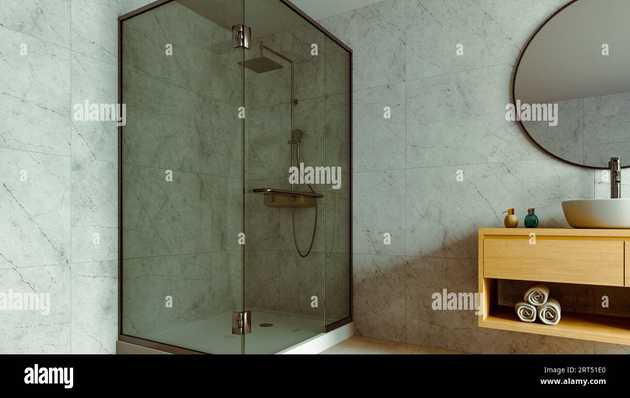 Shower booth in Bathroom with modern Interior, 3d rendering Stock Photo ...