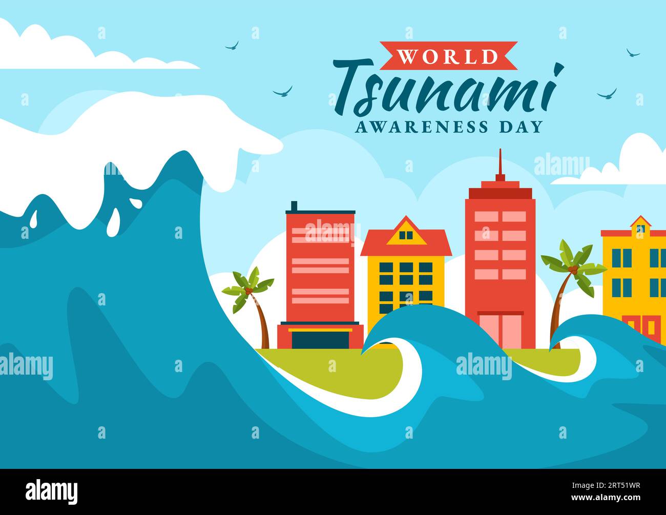 World Tsunami Awareness Day Vector Illustration on 5 November with Waves Hitting Houses and ...