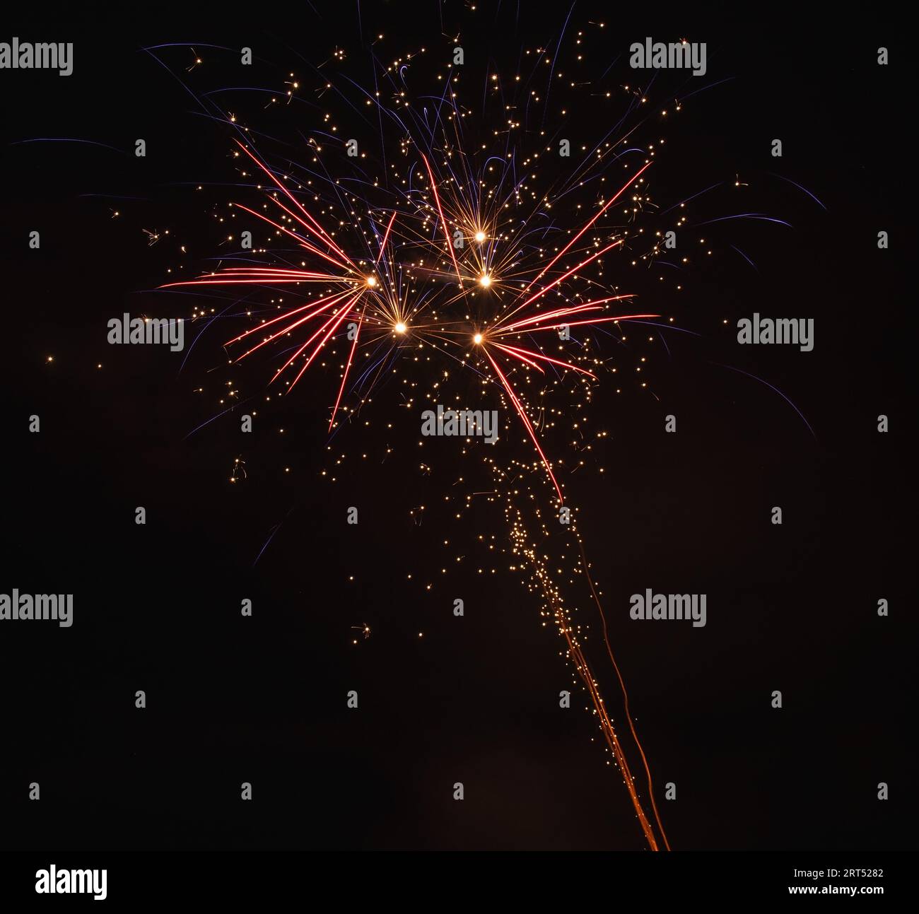 celebrating multiple pink and purple fireworks at night Stock Photo - Alamy