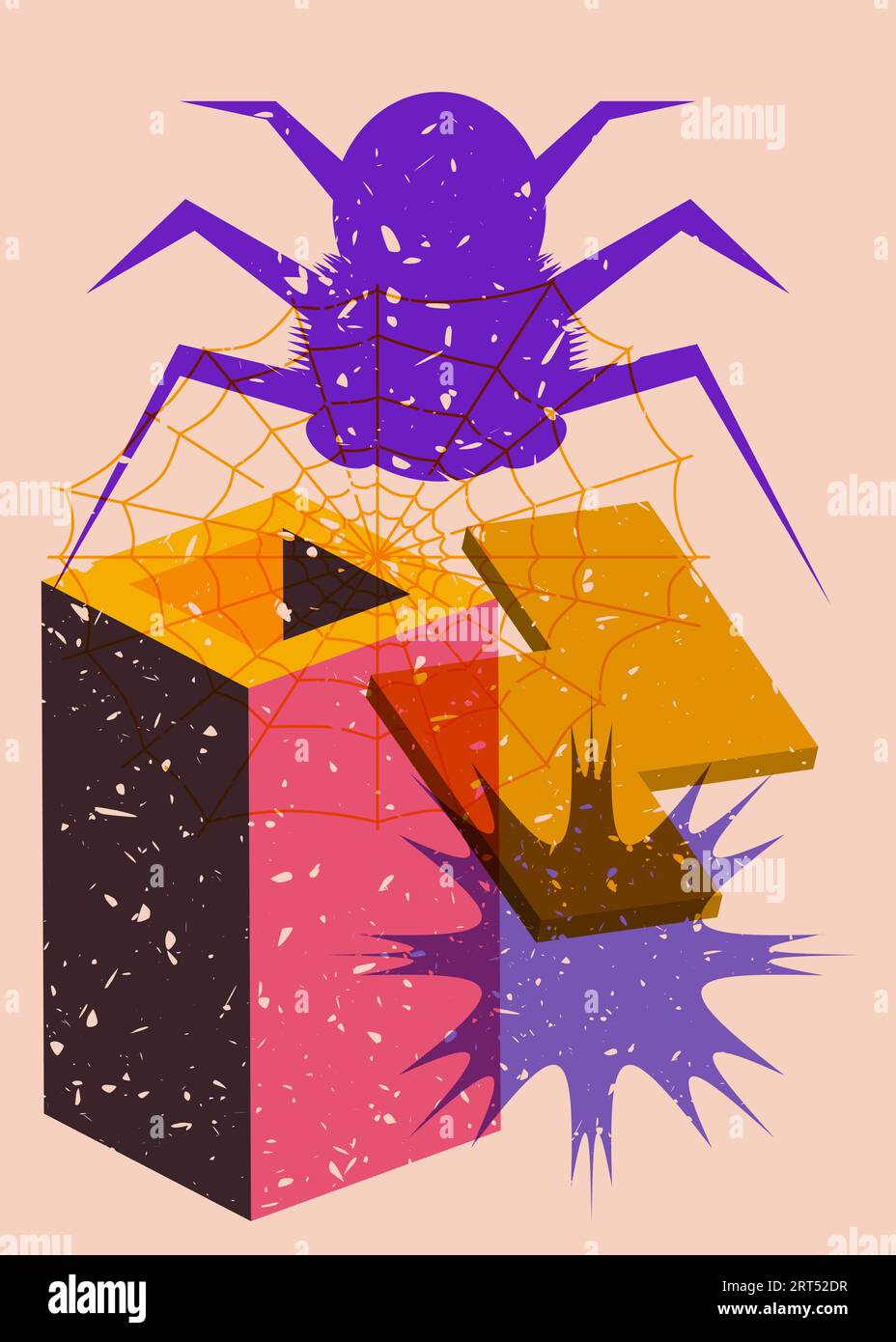 Spider and spider web with geometric shapes. Object in trendy riso ...