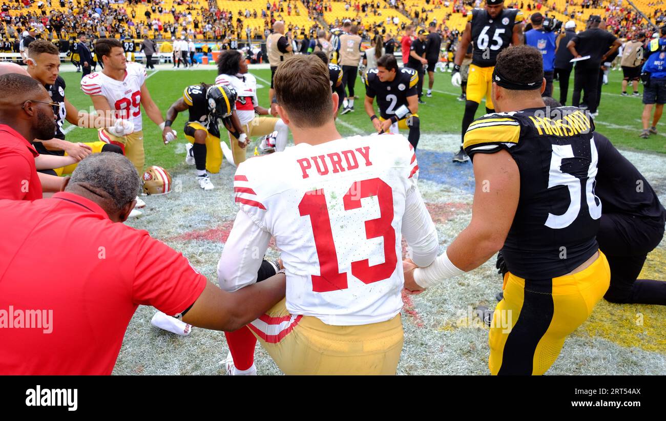 Pittsburgh, PA, USA. 10th Sep, 2023. Brock Purdy #13 prayer circle ...