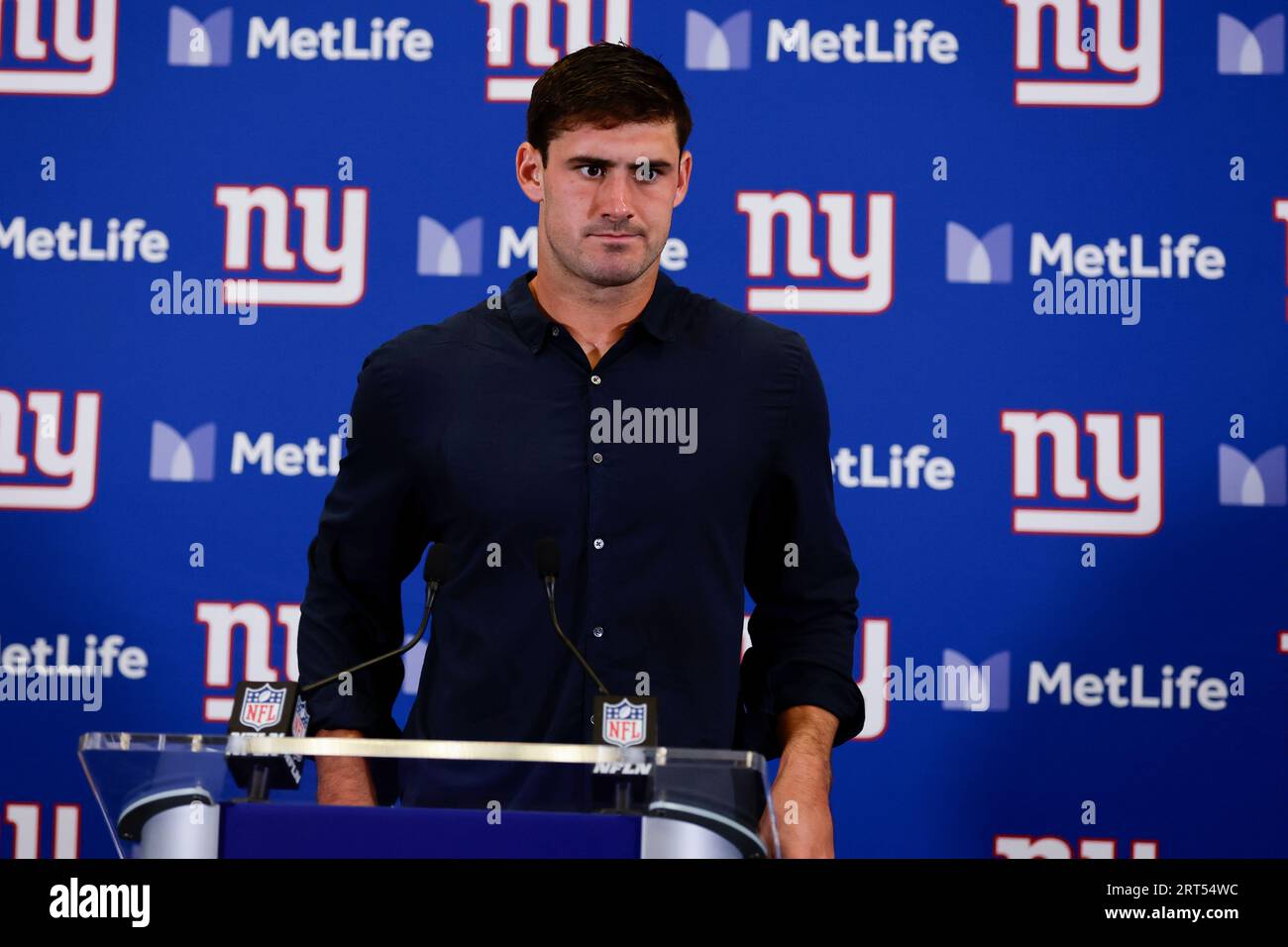 New York Giants quarterback Daniel Jones talks to reporters after an ...