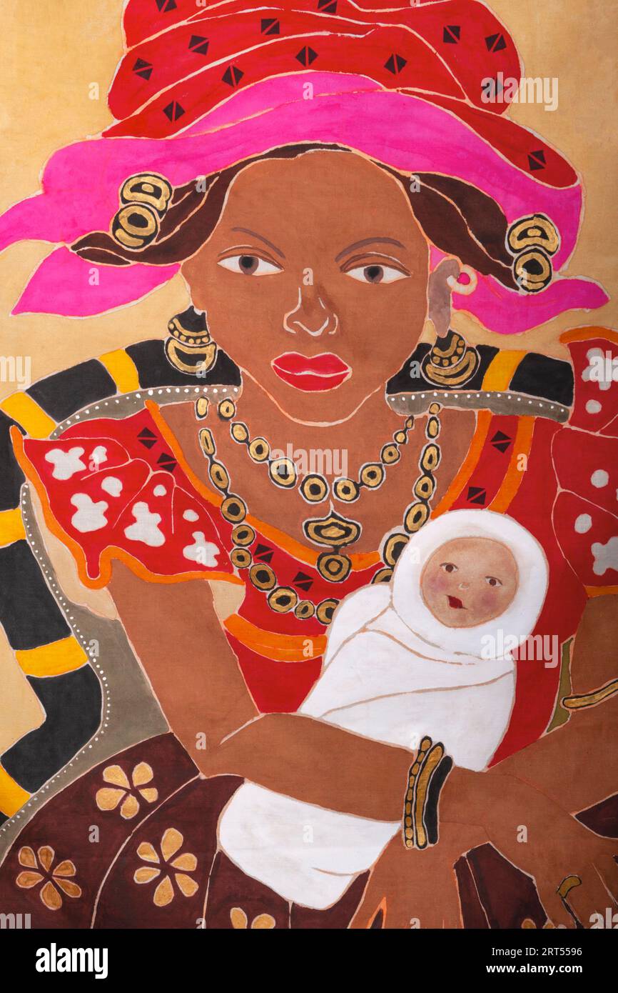 primitive child like, old african painting on canvas of a mother with ...
