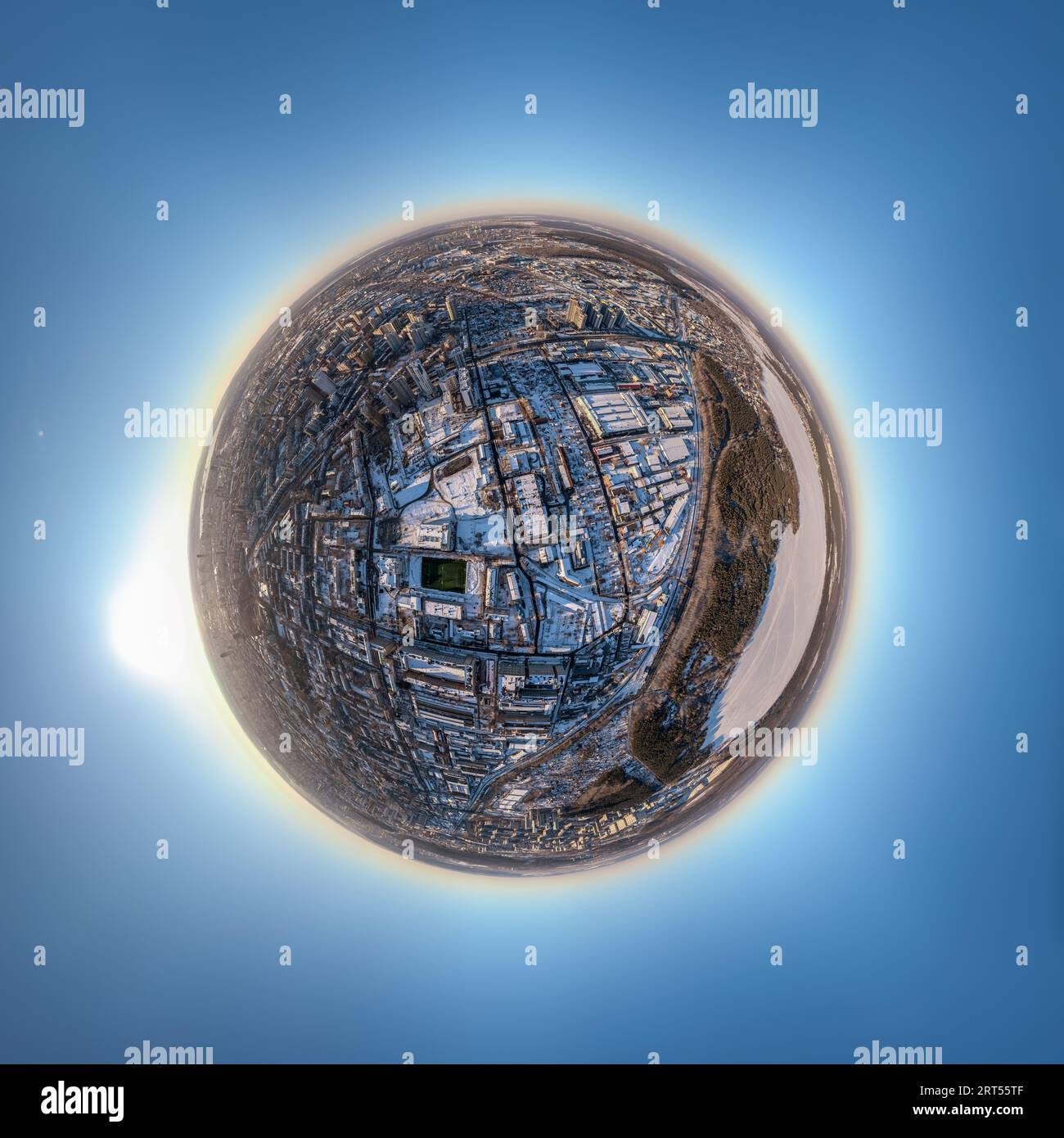 Aerial winter city view, Little planet sphere mode. Yekaterinburg city ...