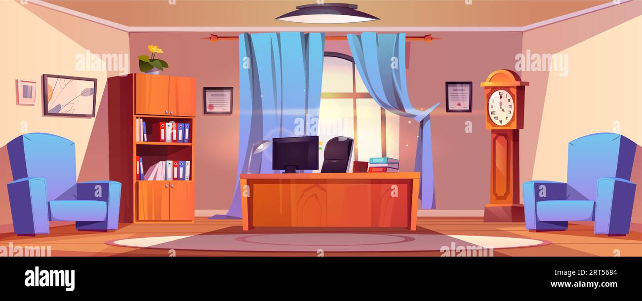 Company office room with furniture. Vector cartoon illustration of ...