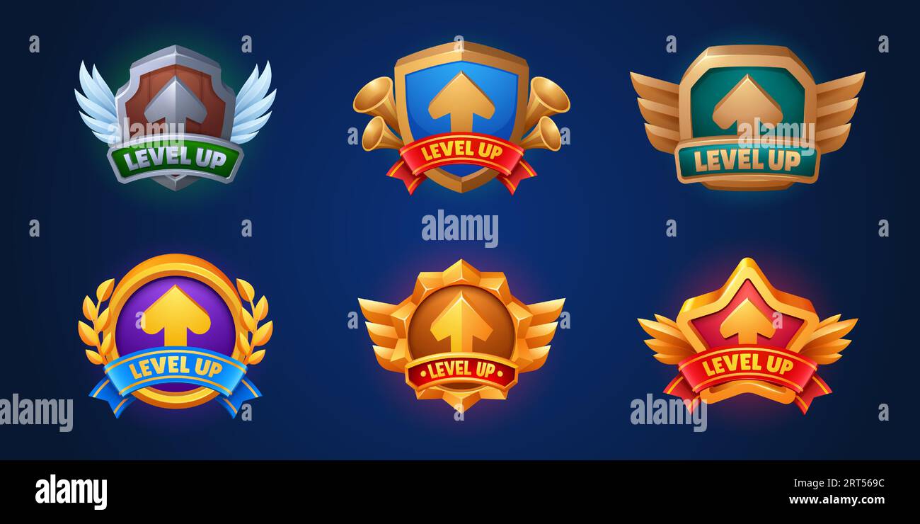 Level up game reward banner with ribbon and sign. Cartoon vector ...