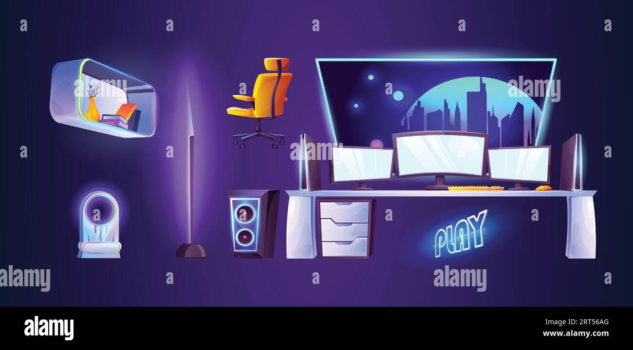 Gamer room design elements set isolated on background. Vector cartoon ...