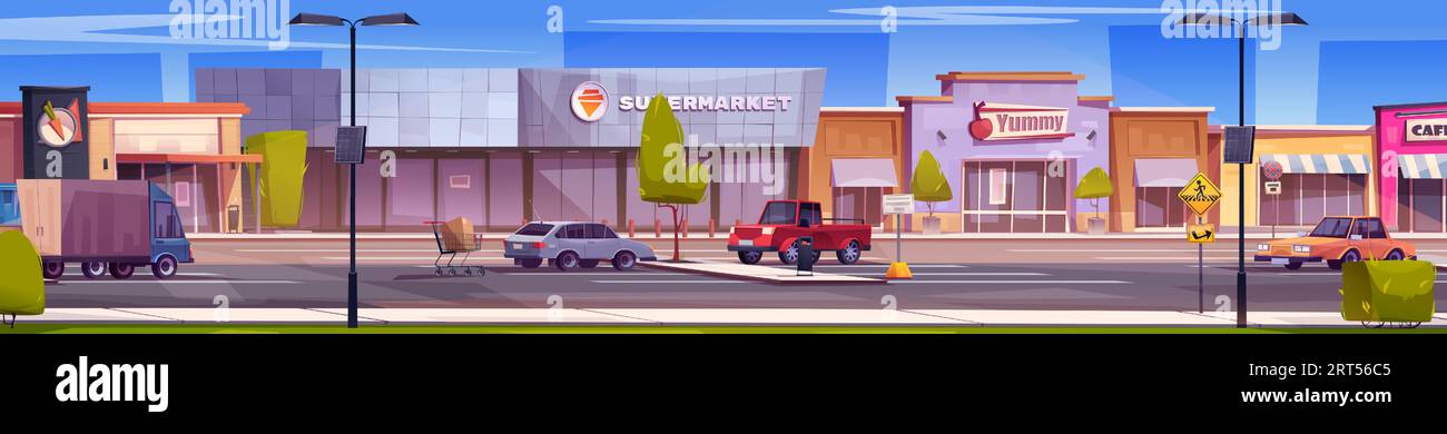 Parking lot near supermarket with cars, road signs, trees and bushes ...