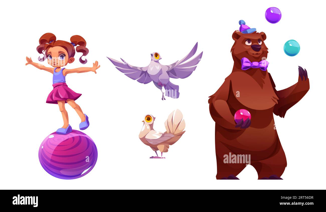 Carnival bear juggler circus character illustration with girl acrobat ...