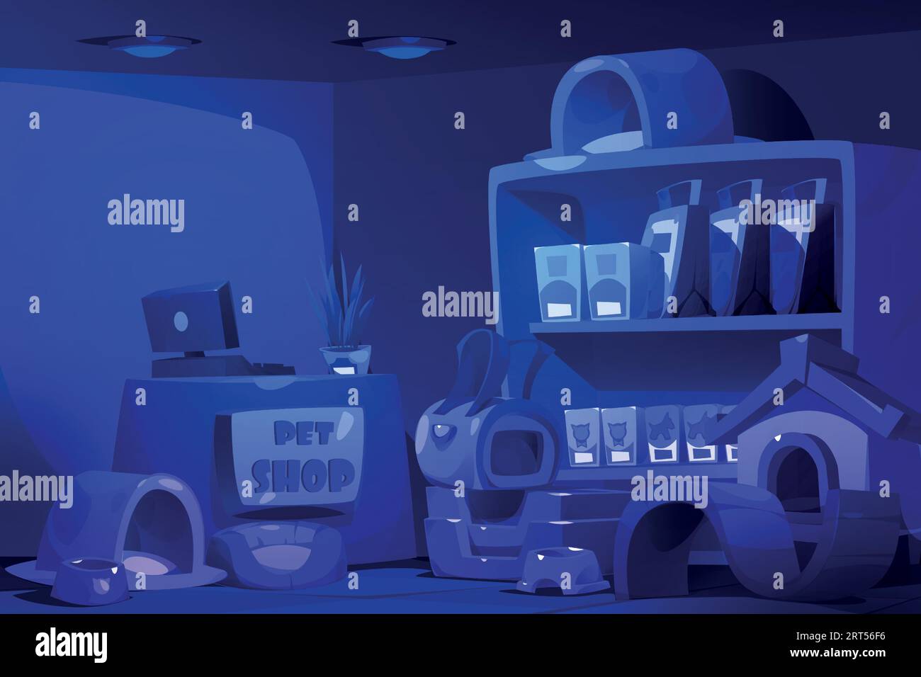 Closed dark pet store interior at night. Cartoon petshop with domestic ...