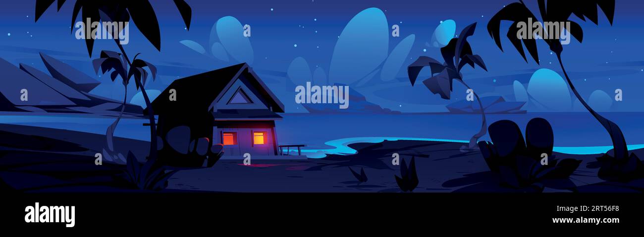 Old wooden house against night river landscape. Vector cartoon ...