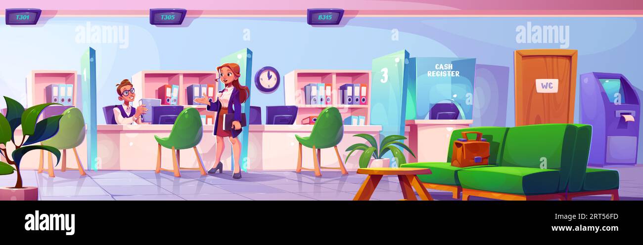 Bank office room inside interior with counter vector. Atm cash service ...