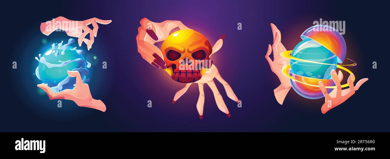 Hand holding magic crystal ball fortune teller. Skull, water sphere and ...
