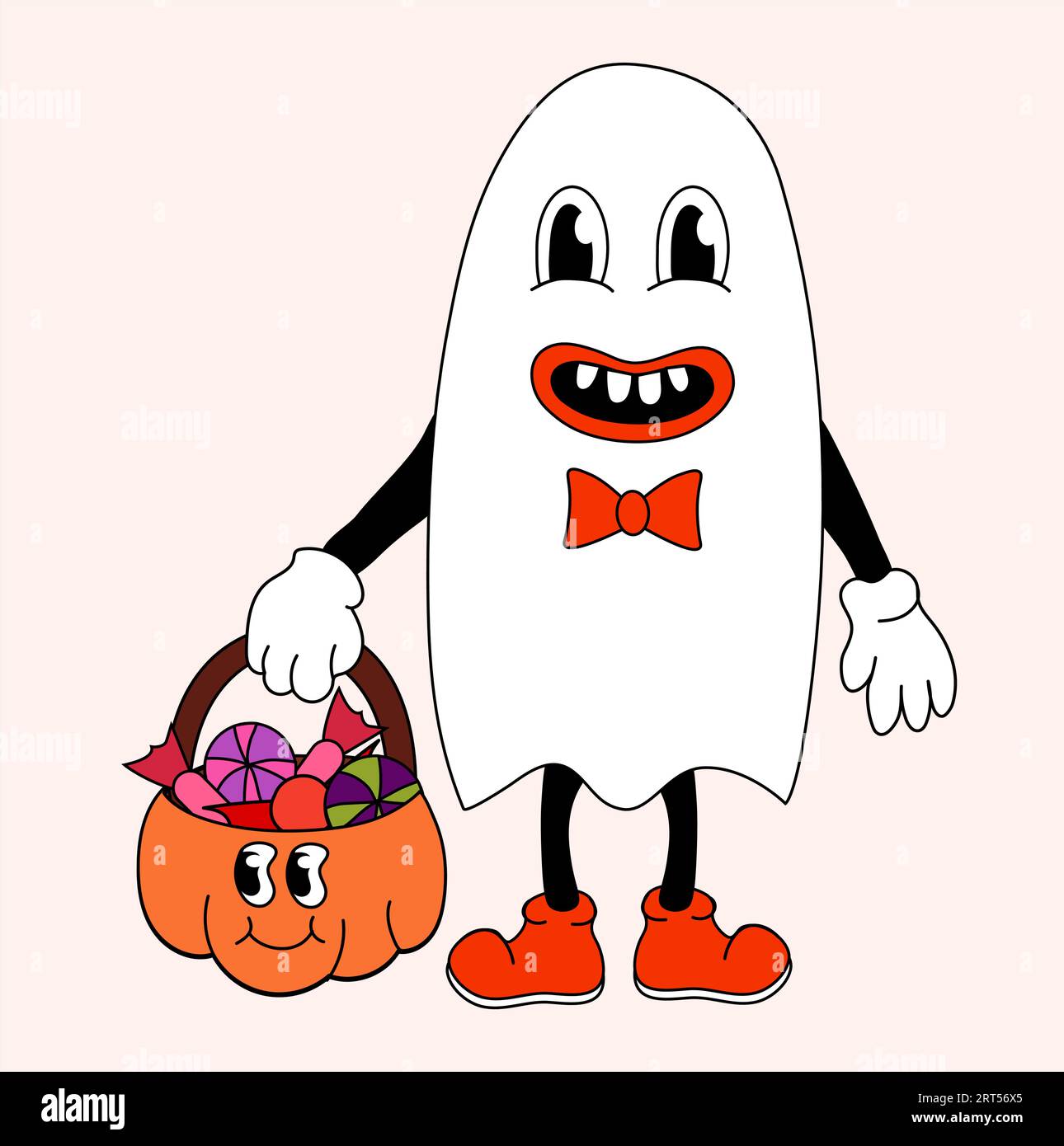 Retro Groovy Halloween Ghost boy with pumpkin and sweets. Vector flat ...