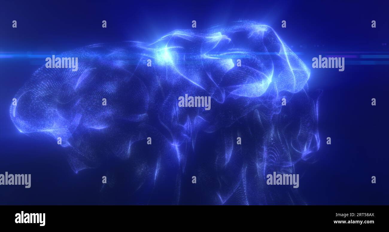 Abstract floating liquid from energetic blue particles glowing magical ...