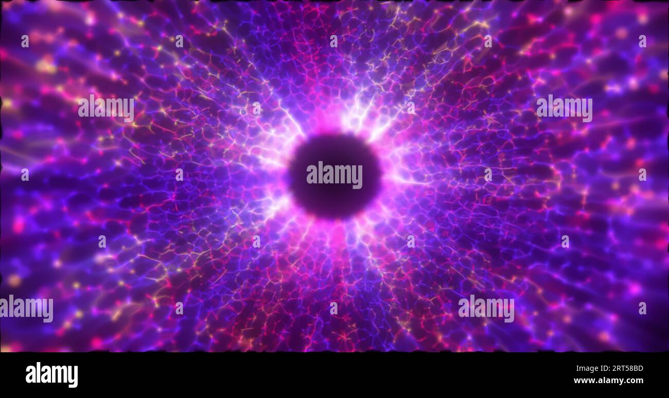 Abstract purple energy tunnel made of particles and a grid of high-tech ...