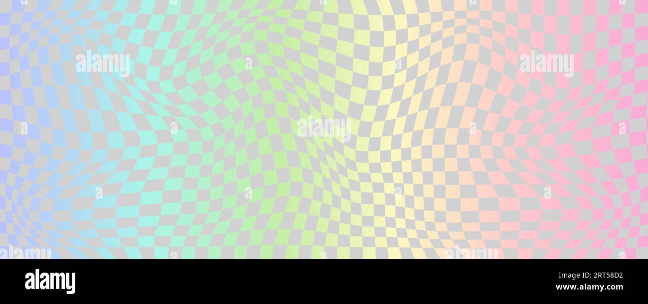 Checkerboard wavy pattern. Abstract holographic chessboard vector print. Y2k psychedelic optical ...