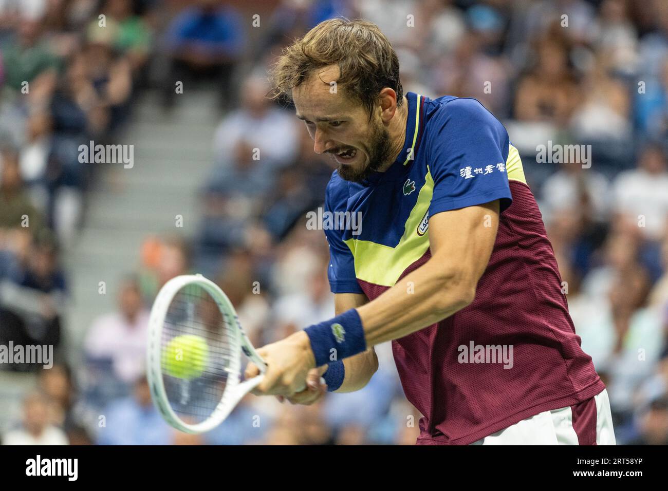 Daniil Medvedev returns ball during final match against Novak Djokovic of Serbia at US Open ...