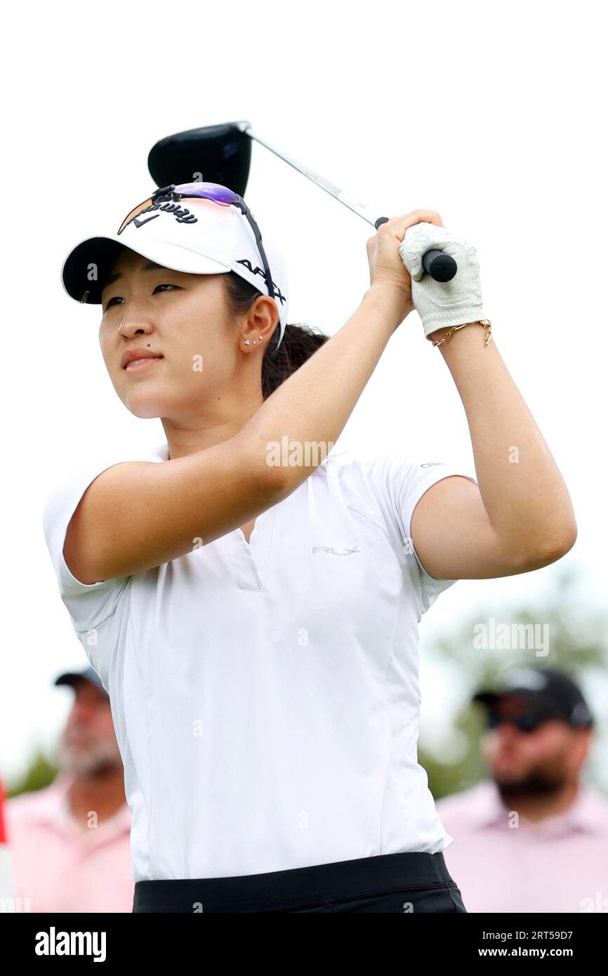 CINCINNATI, OH - SEPTEMBER 10: LPGA player Andrea Lee plays her tee shot on the 18th hole during ...