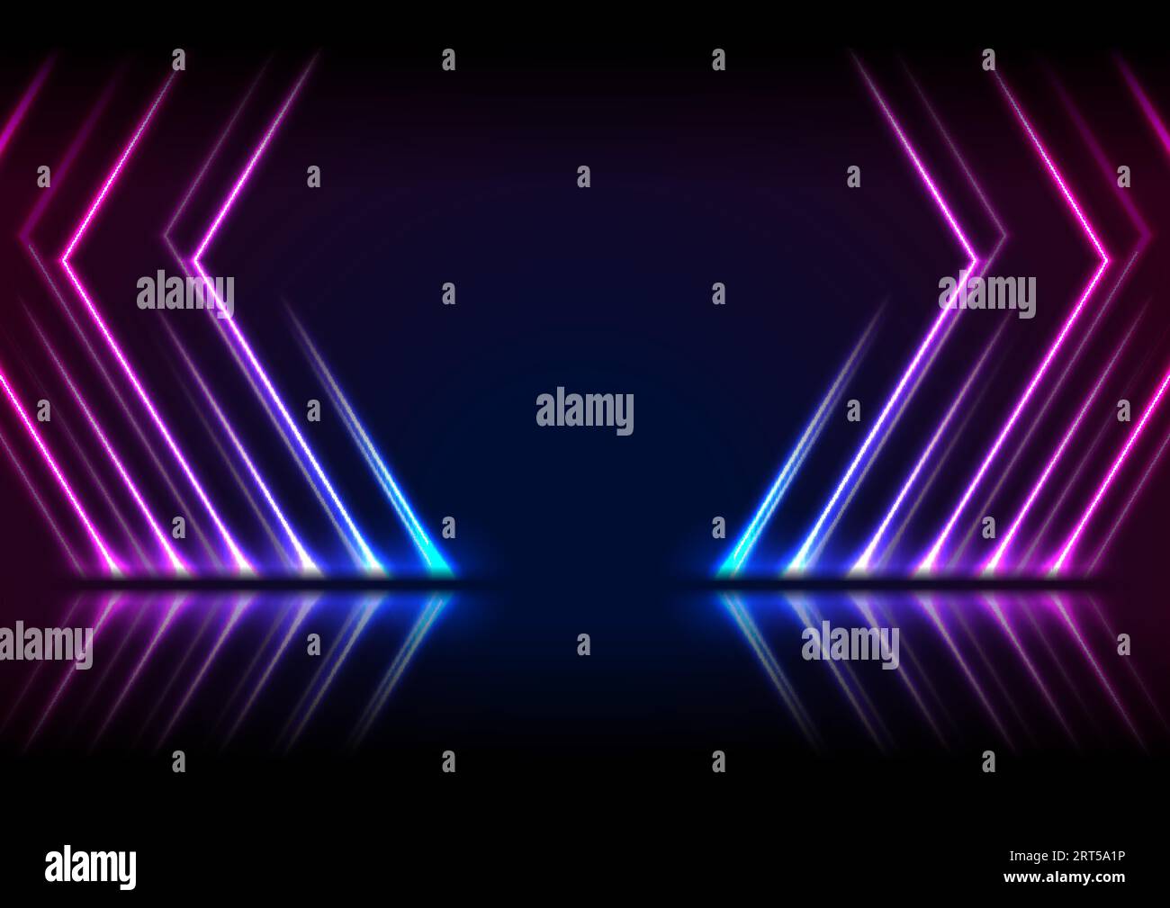 Blue and ultraviolet neon laser lines with reflection. Abstract rays ...