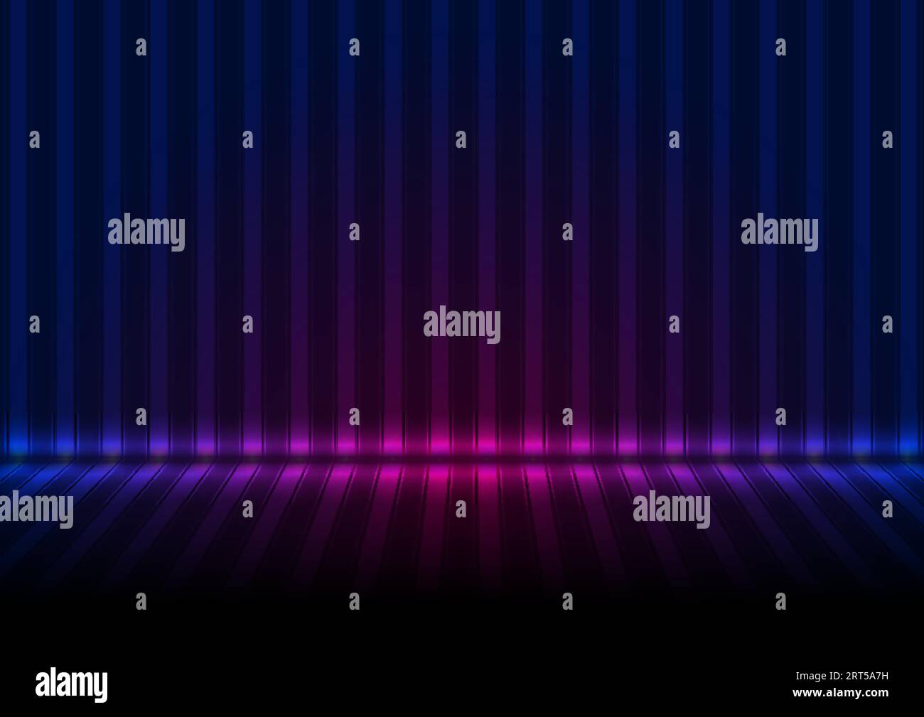 Blue and ultraviolet neon striped wall and floor. Abstract empty stage ...