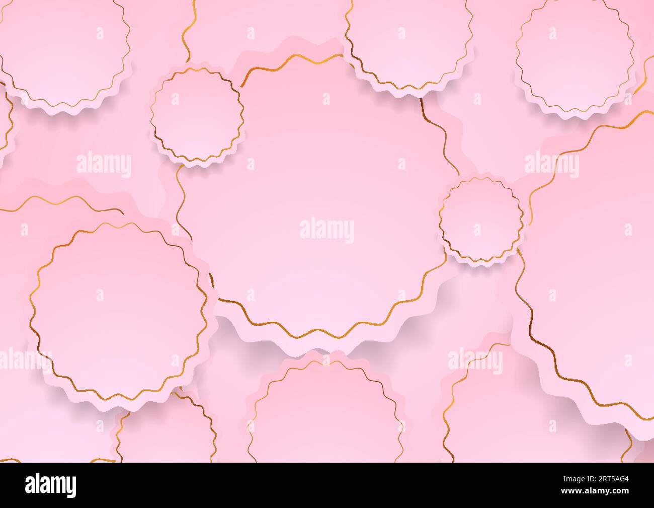 Pink abstract graphic design with wavy paper circles and golden lines ...
