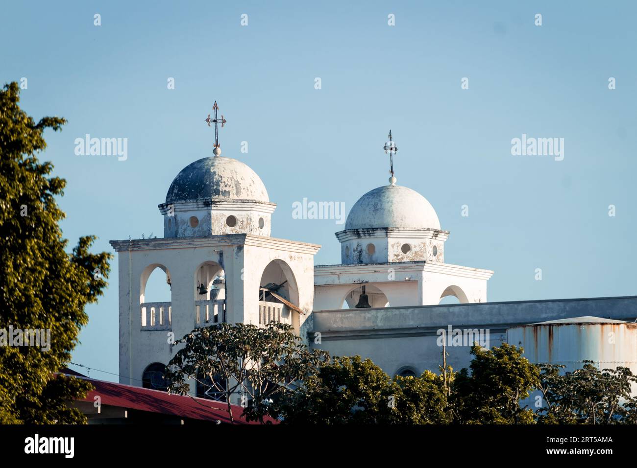 An aerial view of a building with two domes atop each other against ...