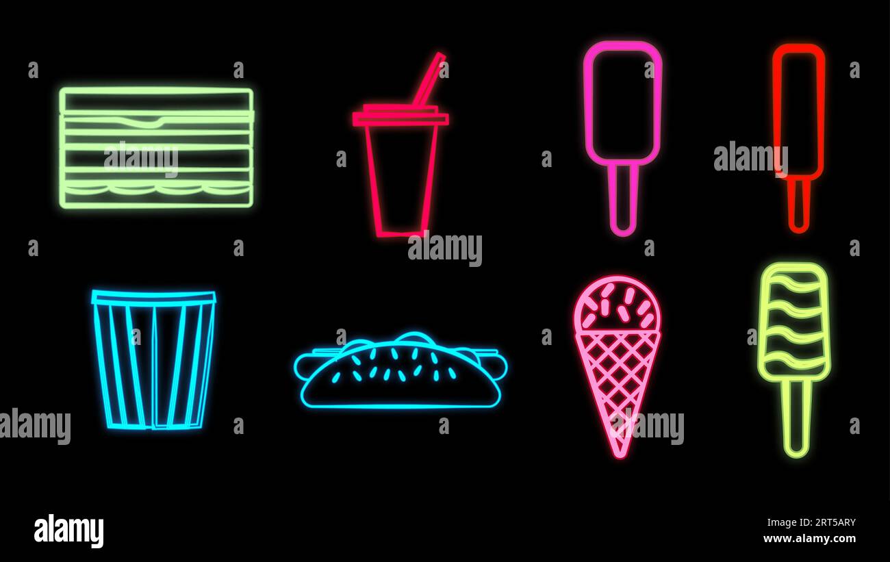 Neon bright glowing multicolored set of eight icons of delicious food ...