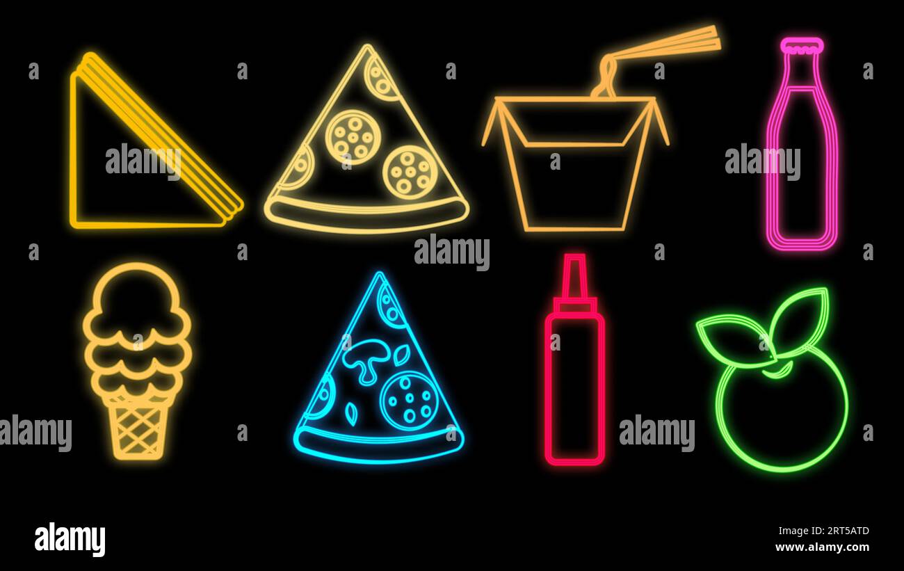 Neon bright glowing multicolored set of eight icons of delicious food ...