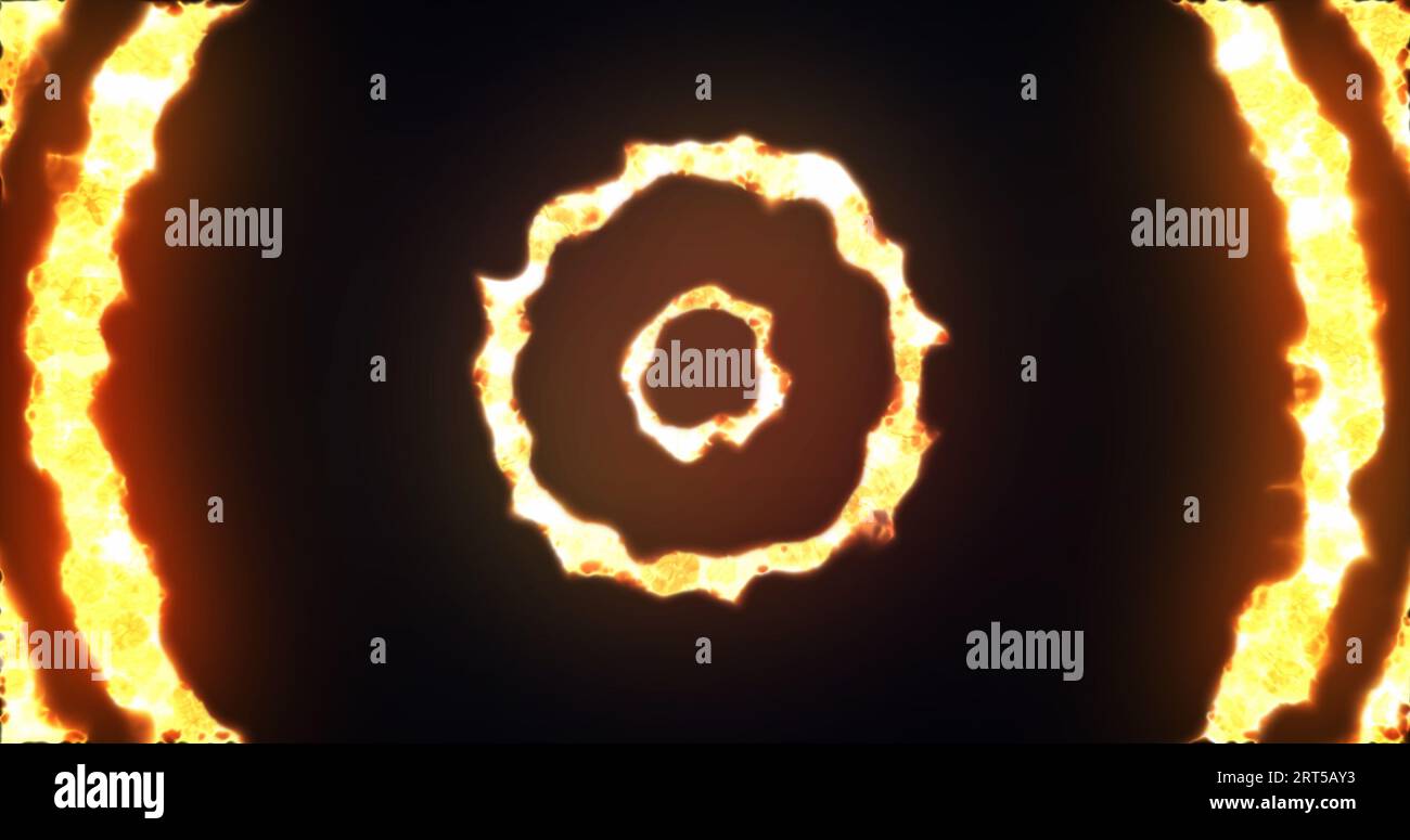 Abstract background looped circles tunnel of flying yellow orange fiery ...