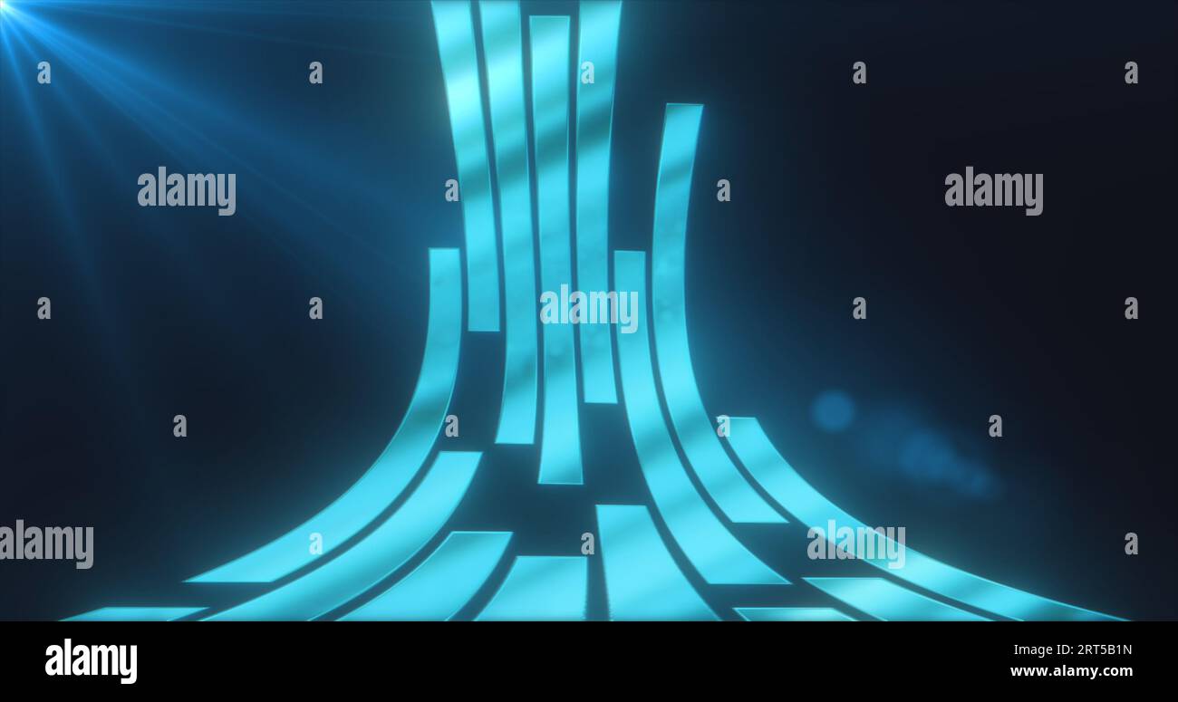 Abstract metallic glowing shiny lines and stripes in rays of light fly ...