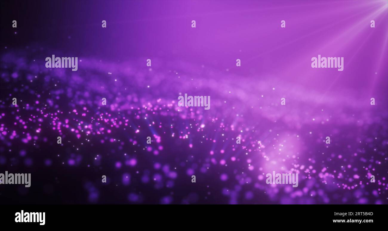 Abstract purple glowing energy waves from particles and magic dots with ...