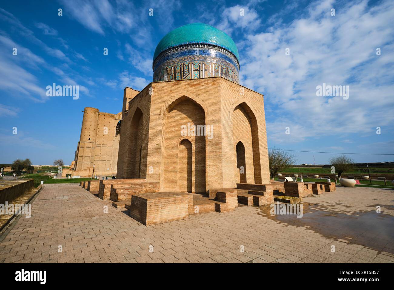 Exterior view in the morning with green tile dome. At the Rabia Sultan ...