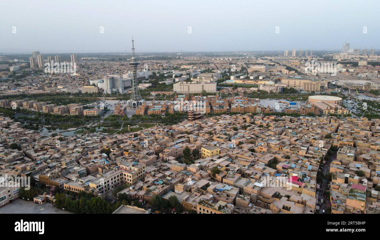 Kashgar. 7th Sep, 2023. This aerial photo taken on Sept. 7, 2023 shows ...