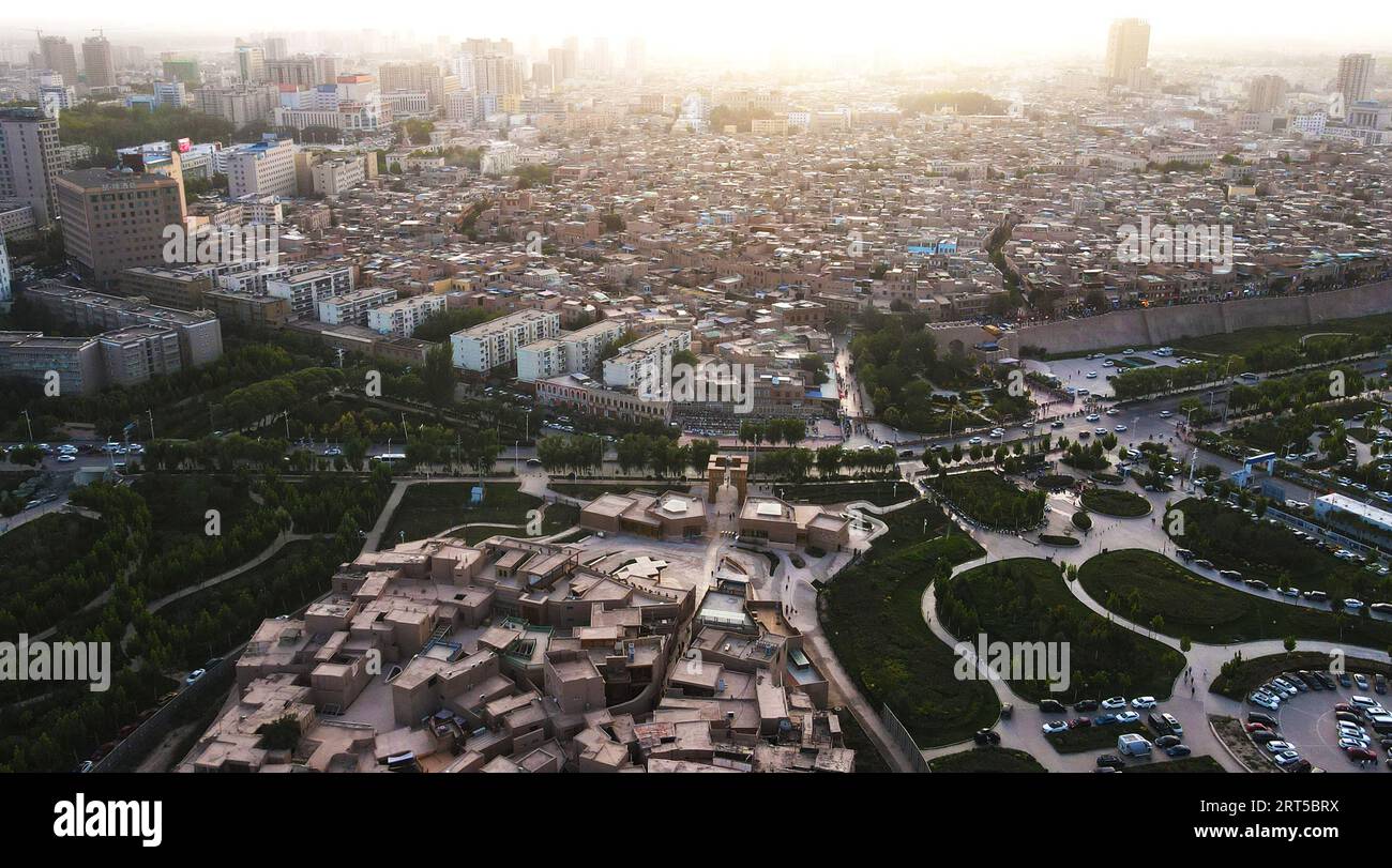Kashgar. 7th Sep, 2023. This aerial photo taken on Sept. 7, 2023 shows ...