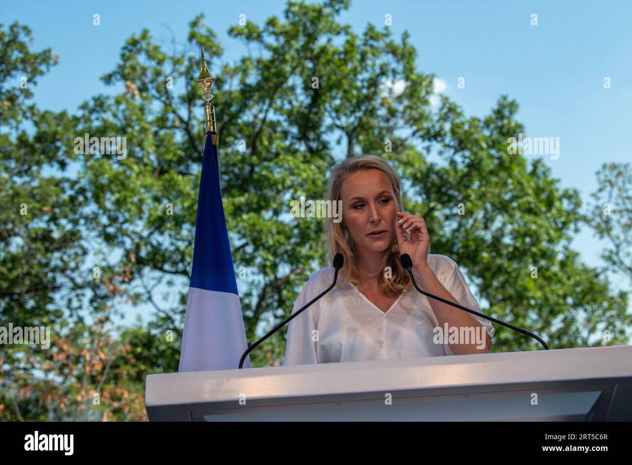 Greoux Les Bains, France. 10th Sep, 2023. Marion Marechal talks at the ...