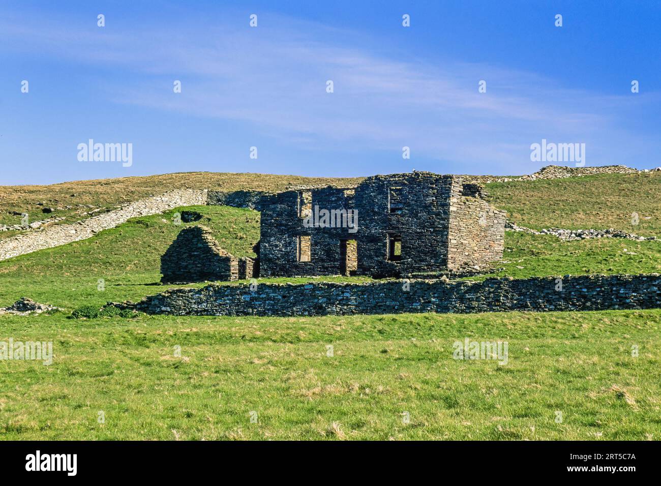 Old farm ruin on a meadow with stone walls in Shetland Stock Photo - Alamy