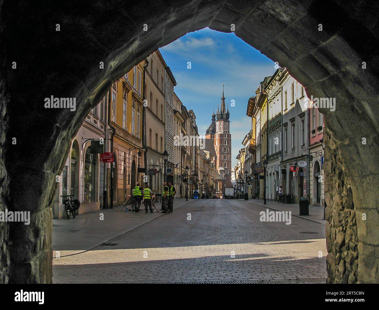view of Florianska street and towers of St. Mary's Basilica through the ...