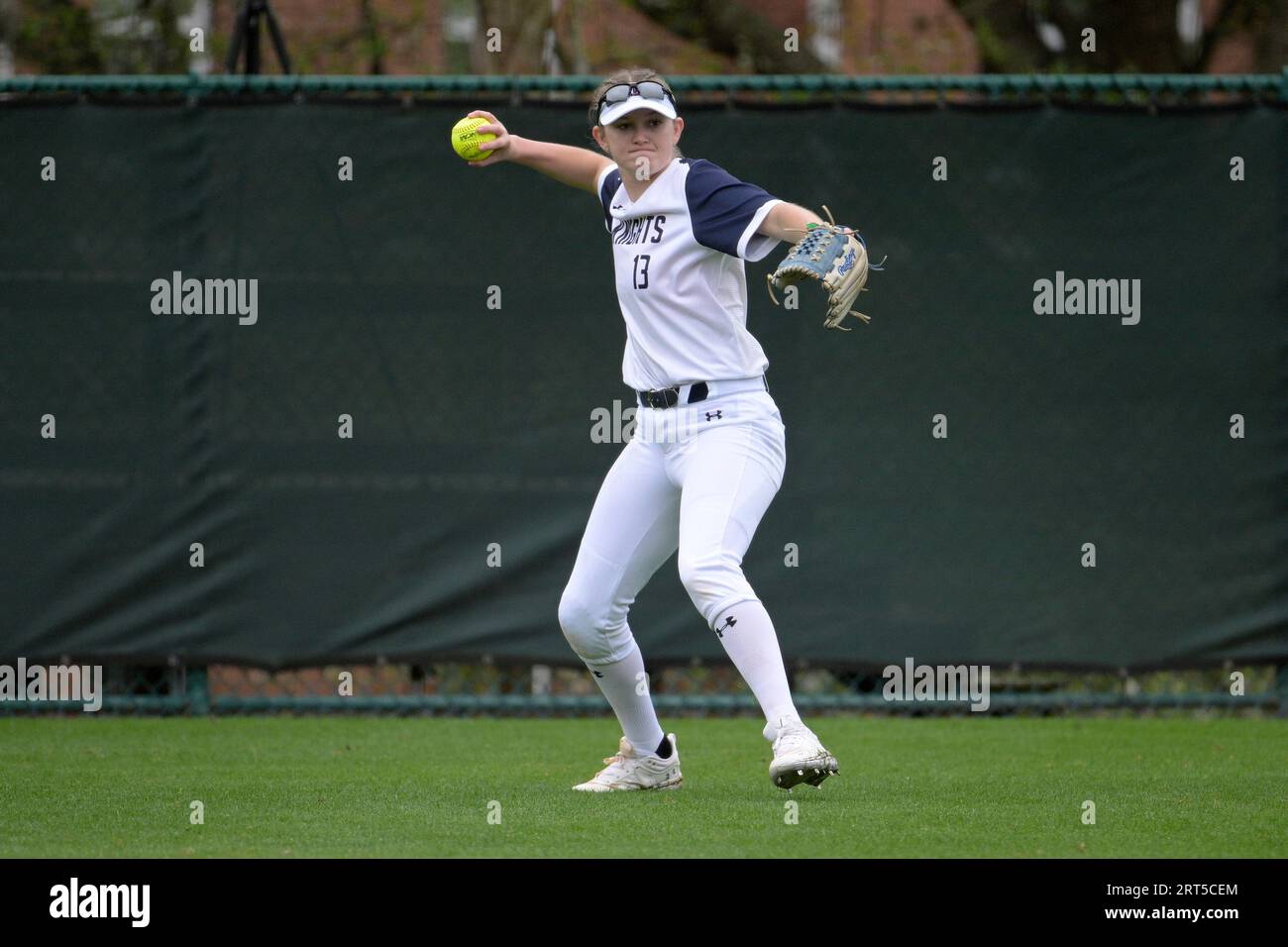 Farleigh Dickinson outfielder Courtney Mahoney (13) throws after ...