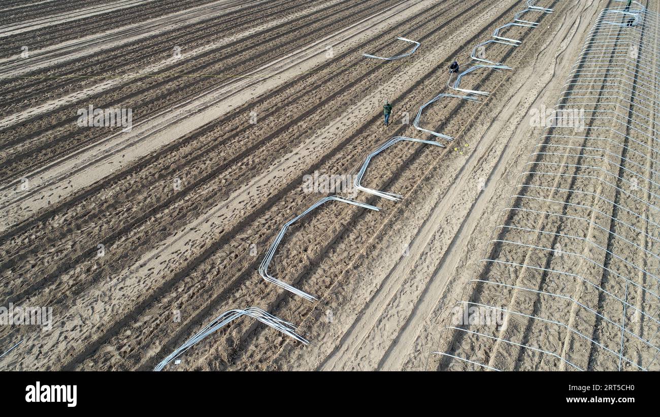 Engineering technicians install the skeleton of greenhouse and take ...