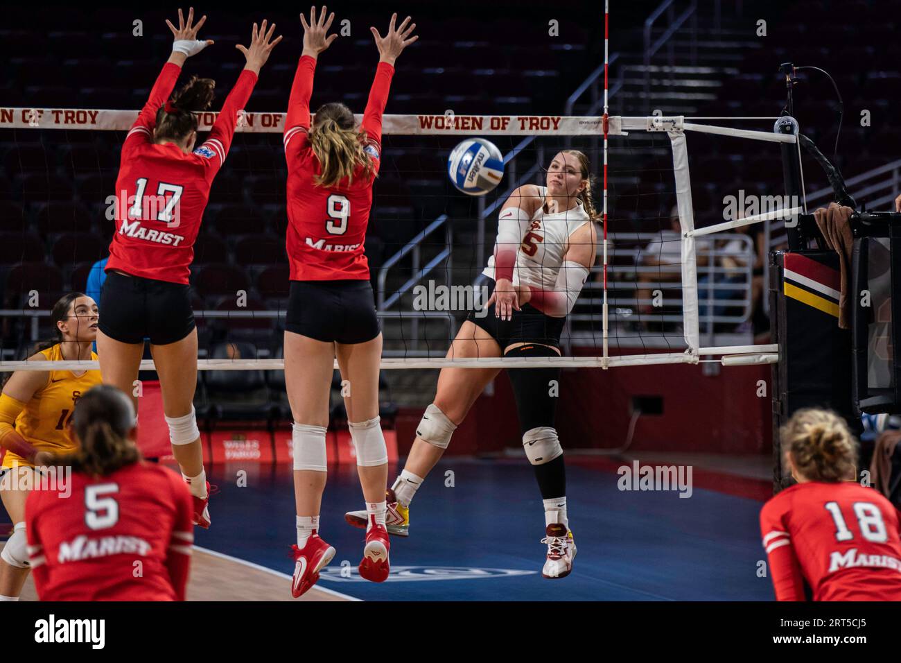 USC Trojans outside hitter Dani Thomas-Nathan (15) spikes the ball against Marist Red Foxes ...
