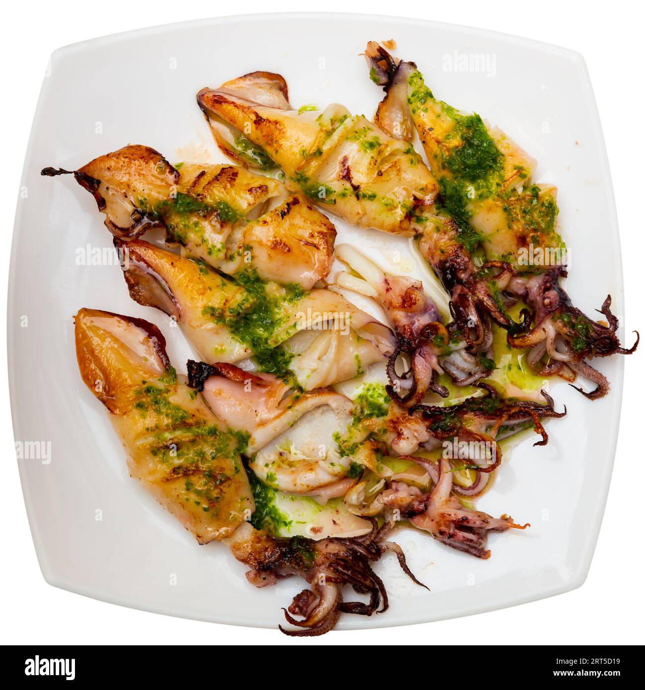 Traditional asian dish is barbecue squid,drizzled with spinach sauce ...