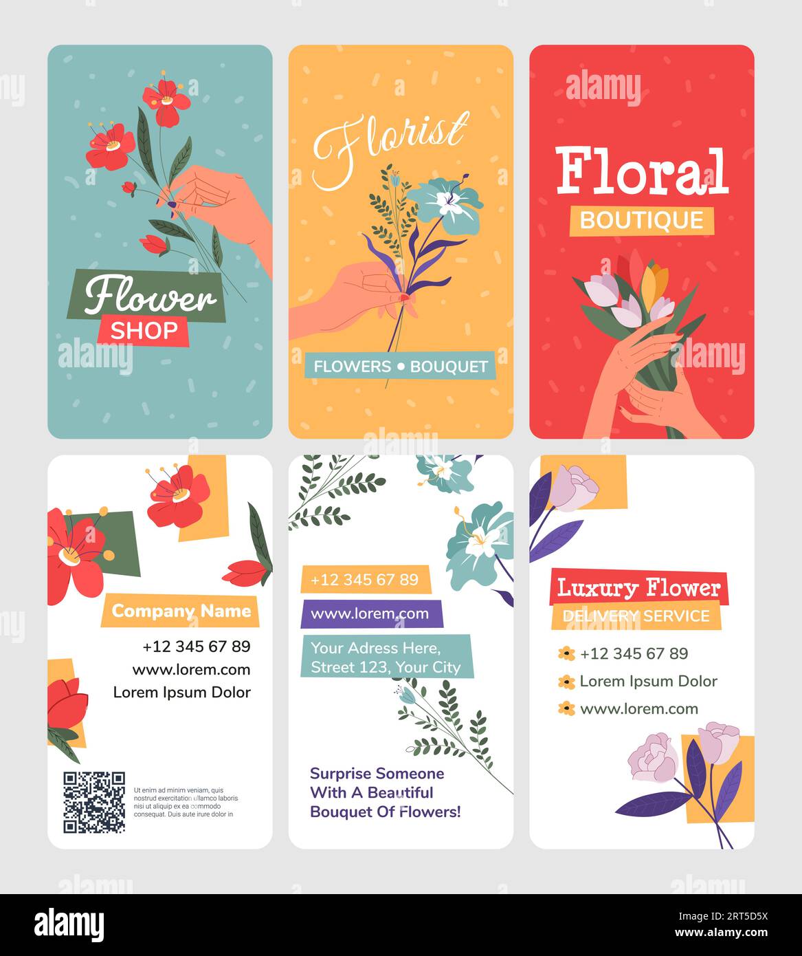 Business card set for flower shop branding. Hand hold flower bouquet at ...